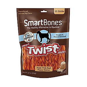 DreamBone Twist Sticks with Real Bacon and Cheese Flavor 50 Count, Rawhide-Free Chews for Dogs & SmartBones Smart Twist Sticks with Peanut Butter 50 Count