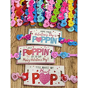 Valentines Day Gifts for Kids - 24 Pack Valentines Cards with Heart POP Bracelets - Sensory Fidget Toys Valentine for School Classroom Gift Exchange Party Favors Supplies for Toddlers Girls Boys