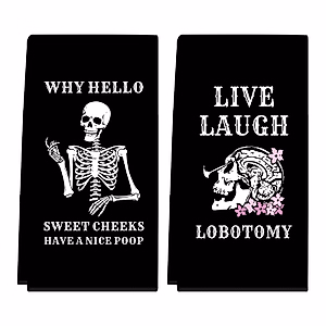 Cheroloven Halloween Bathroom Decorations, Funny Bathroom Hand Towels, 2 Pack Gothic Kitchen Towels Dish Cloths, Scary Skull Home Wall Decor Halloween Party Favors - Live Laugh Lobotomy