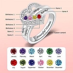 Seecoco Personalized Mothers Rings with 1-8 Simulated Birthstones Heart Mother Ring with Names Custom Mother Daughter Ring Jewelry for Women Family Ring for Mom Wife Grandmother (4 Stone)