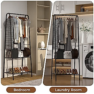 JEROAL Clothing Garment Rack, Coat Organizer Storage Shelving Unit, Entryway Storage Shelf with 2-Tier Metal Shelf, Black