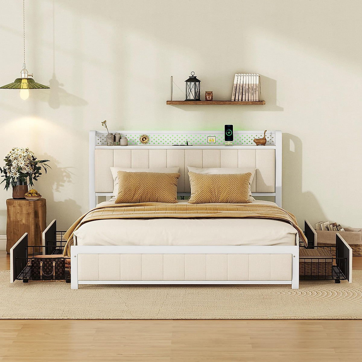 SAMTRA Queen Size Bed Frame with Storage Headboard & 4 Drawers, Upholstered Boho Metal Platform Bedframe with LED Lights & Charging Station, Easy Assembly, Beige White