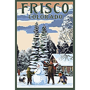 Frisco, Colorado, Snowman Scene (24x36 Giclee Fine Art Print, Recycled Wood Frame, Espresso Brown)