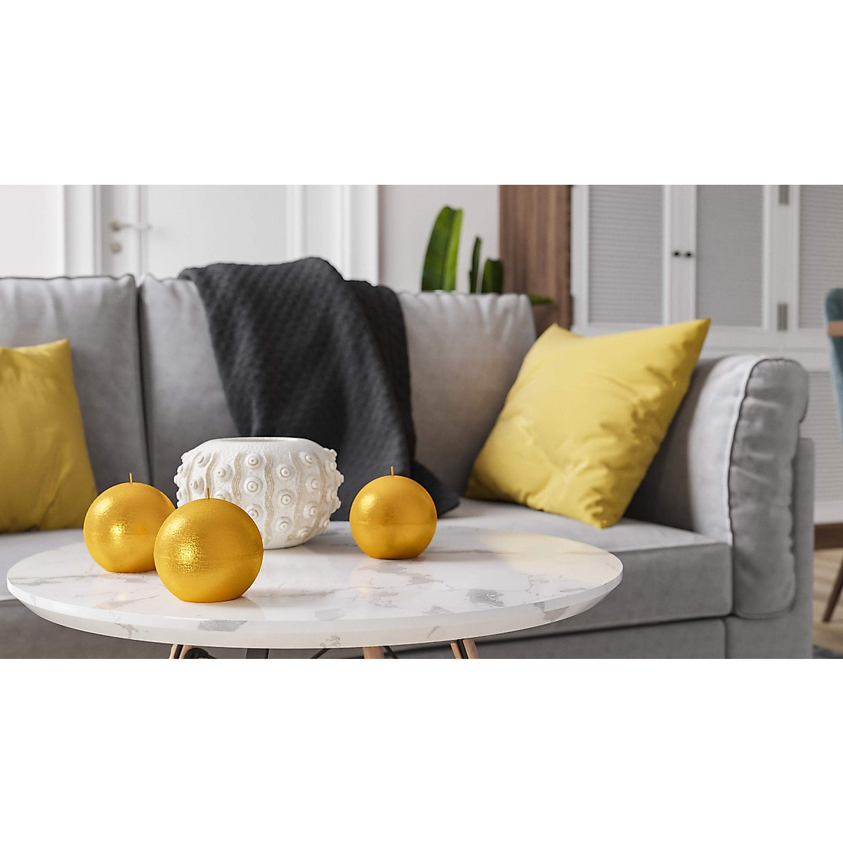 Set of 3 Sphere Ball Candles 3" Unscented Handpoured for Weddings, Home Decoration, Church, Restaurant, Spa, Smokeless Cotton Wick - Gold