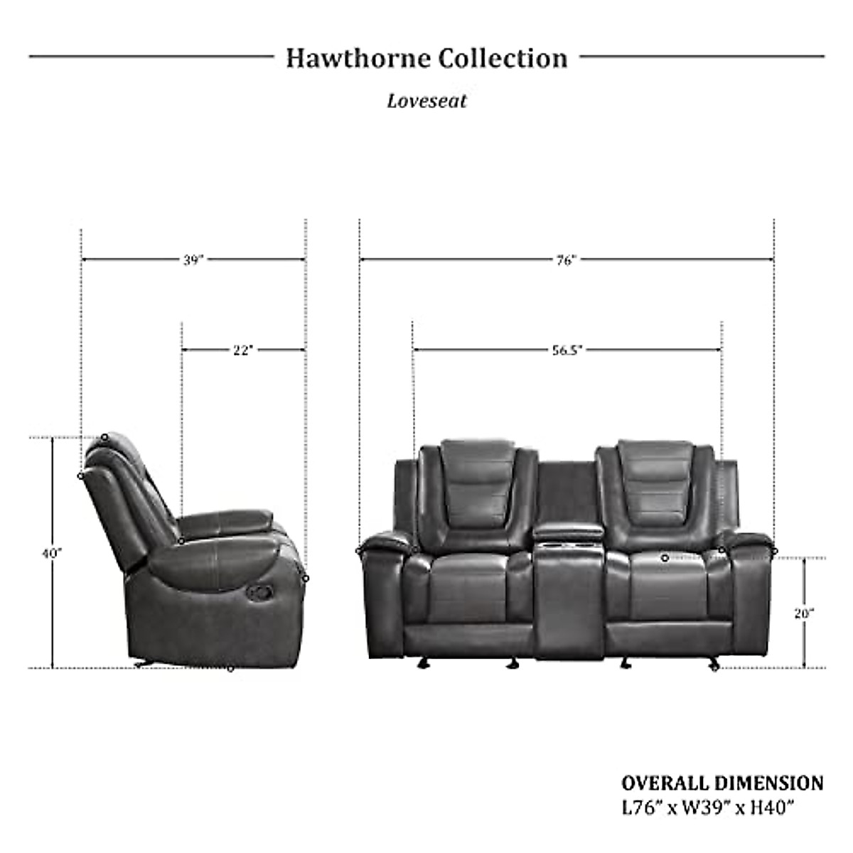 Lexicon Hawthorne Manual Double Glider Reclining Loveseat, Two-Tone Gray