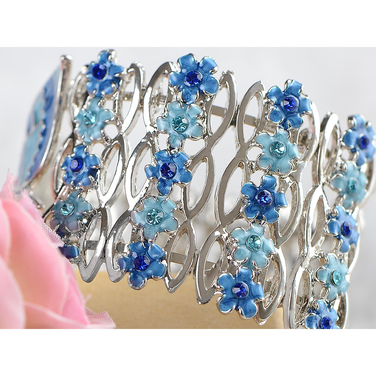 Alilang Silver Tone Blue Enamel Floral Crystal Rhinestone Flower Butterfly Cuff Bangle Bracelet