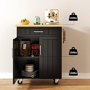 SUNLEI Kitchen Island on Wheels with Storage Cabinet & Drawer, 26" Width Rolling Kitchen Table, Cart Handle for Towel Rack or Free Mobility, Portable Islands for Kitchen, Dining Room(Black)