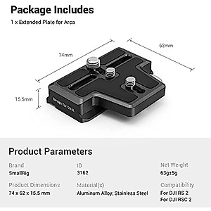SMALLRIG Extended Quick Release Plate for Arca-Type Standard Compatible with DJI RS 2 / RSC 2 / RS 3 / RS 3 Pro Gimbal - 3162