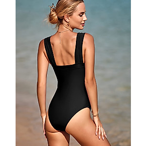 Women's Tummy Control One Piece Swimsuit Ruched Retro Athletic Swimwear Vintage Slimming Plus Size Bathing Suit Black 18
