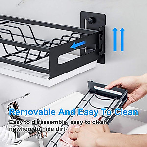 Dish Drying Rack, Detachable 304 Stainless Steel Wall Mount Dish Rack and drainboard Set,2 Tier Hanging Dish Rack with 6 Hooks and 1 Utensil Caddy(Black)