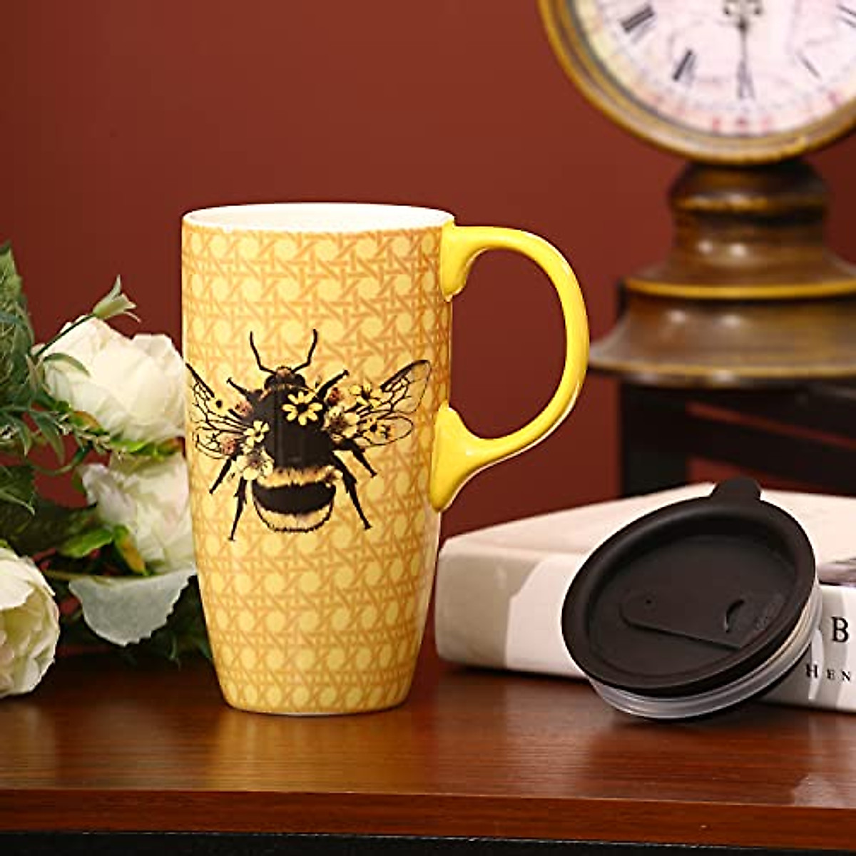 TZSSP Coffee Ceramic Mug Porcelain Latte Tea Cup With Lid 17oz. Bee