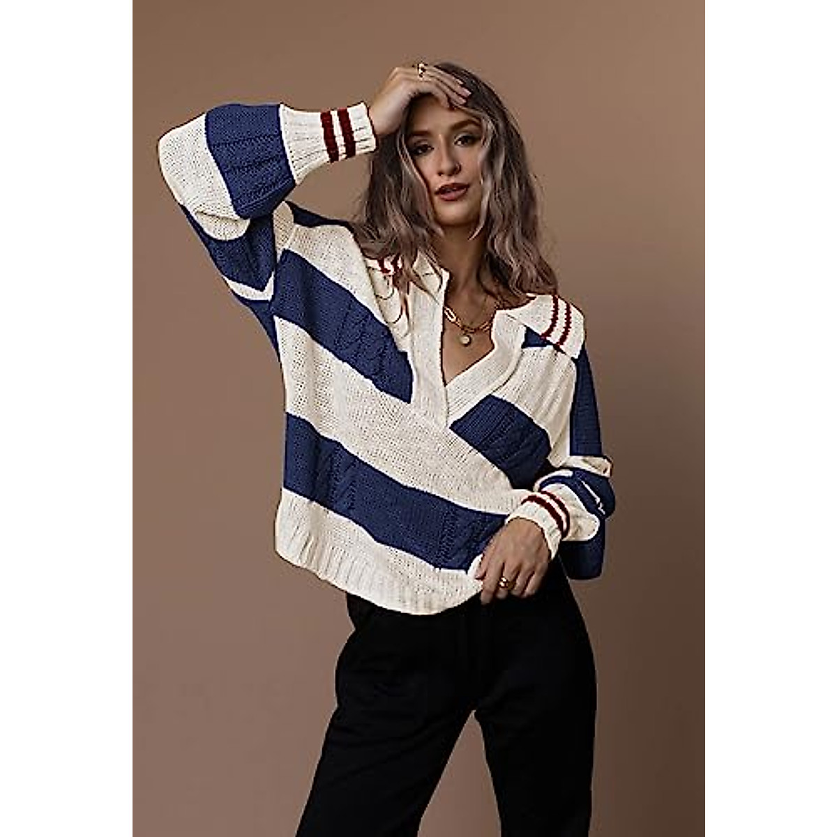 Meenew Women's Baggy Loose Knit Sweater Plunge V Neck Long Sleeve Fashion Loose Crop Tops Dark Blue S