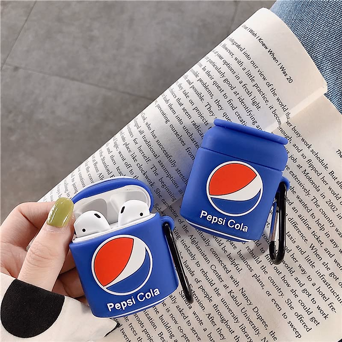 Ultra Thick Soft Silicone Pepsi Cola Case with Hook for Apple Airpods 1 2 Air Pods Wireless Earbuds Protective 3D Blue Drink Can Shaped Fun Cool Fresh Gift Kids Teens Men Boys Girls