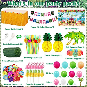 161Pcs Hawaiian Luau Party Decorations Pack, Tropical Beach Themed Summer Pool Party Supplies Including Aloha Backdrop, Flamingo Birthday Banner, Grass Table Skirt, Palm Leaves and Hibiscus, Pineapple