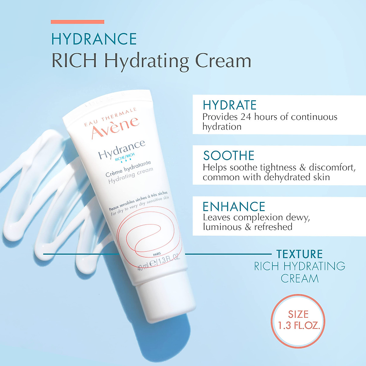 Eau Thermale Avène Hydrance RICH Hydrating Cream, Daily Face Moisturizer, Non-Comedogenic, 1.3 Fl Oz (Pack of 1)