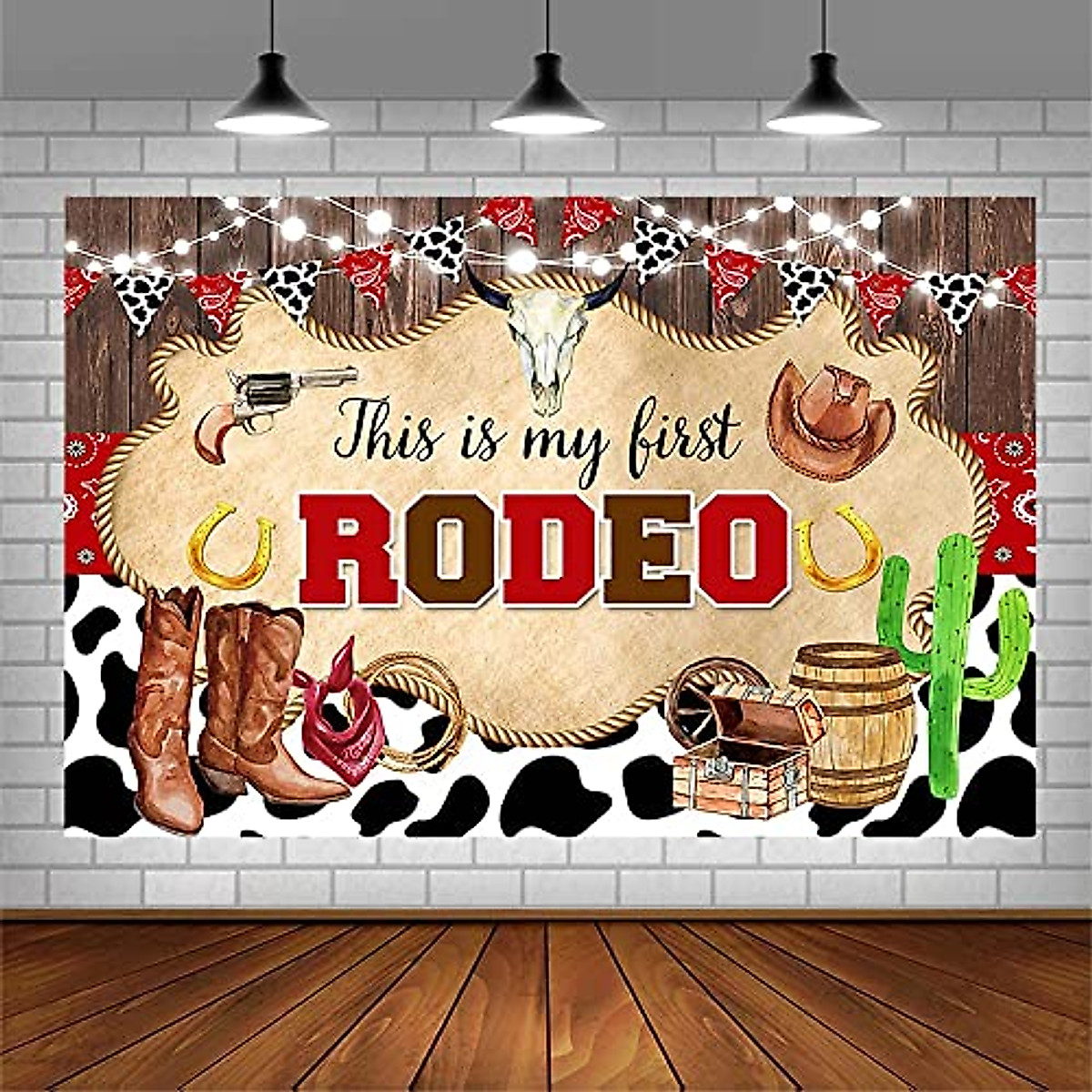 AIBIIN 7x5ft My First Rodeo 1st Birthday Backdrop Western Cowboy First Bday Photo Photography Background Cow Print Wild West Rustic Wood Boot Hat Party Decorations Banner Photo Shoot Studio Props