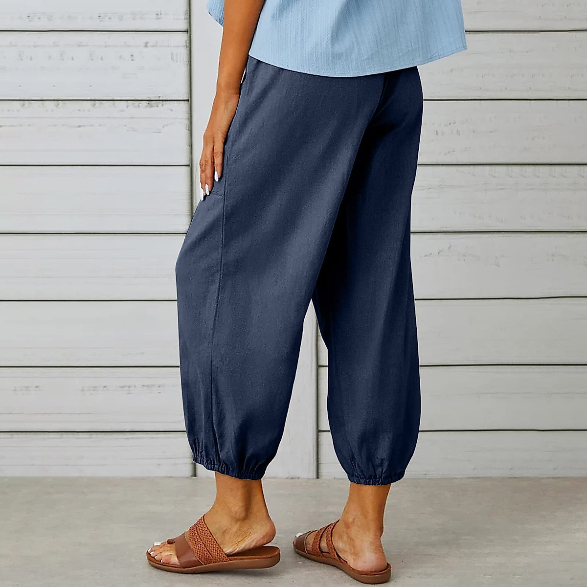 Womens Casual Capri Pants Elastic Waist Drawstring Summer Lounge Baggy Trousers Cinch Bottom Lantern Ankle Pants with Pockets