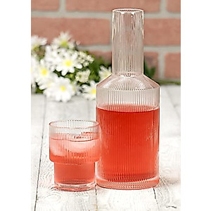 Red Co. Textured Round Clear Glass Bedside Water Serving Carafe with Tumbler – 2-Piece Beverage Set