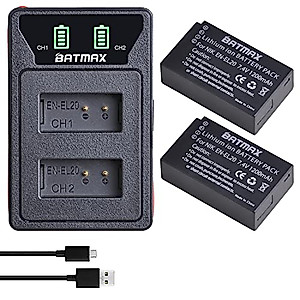 Batmax EN-EL20 Battery (2-Pack) + LED Built-in USB LCD Charger for Nikon EN-EL20 EN-EL20a Nikon P1000,1 J1, 1 J2, 1 J3, 1 S1, 1 V3, Coolpix A, 1 AW1,Coolpix P950 Cameras