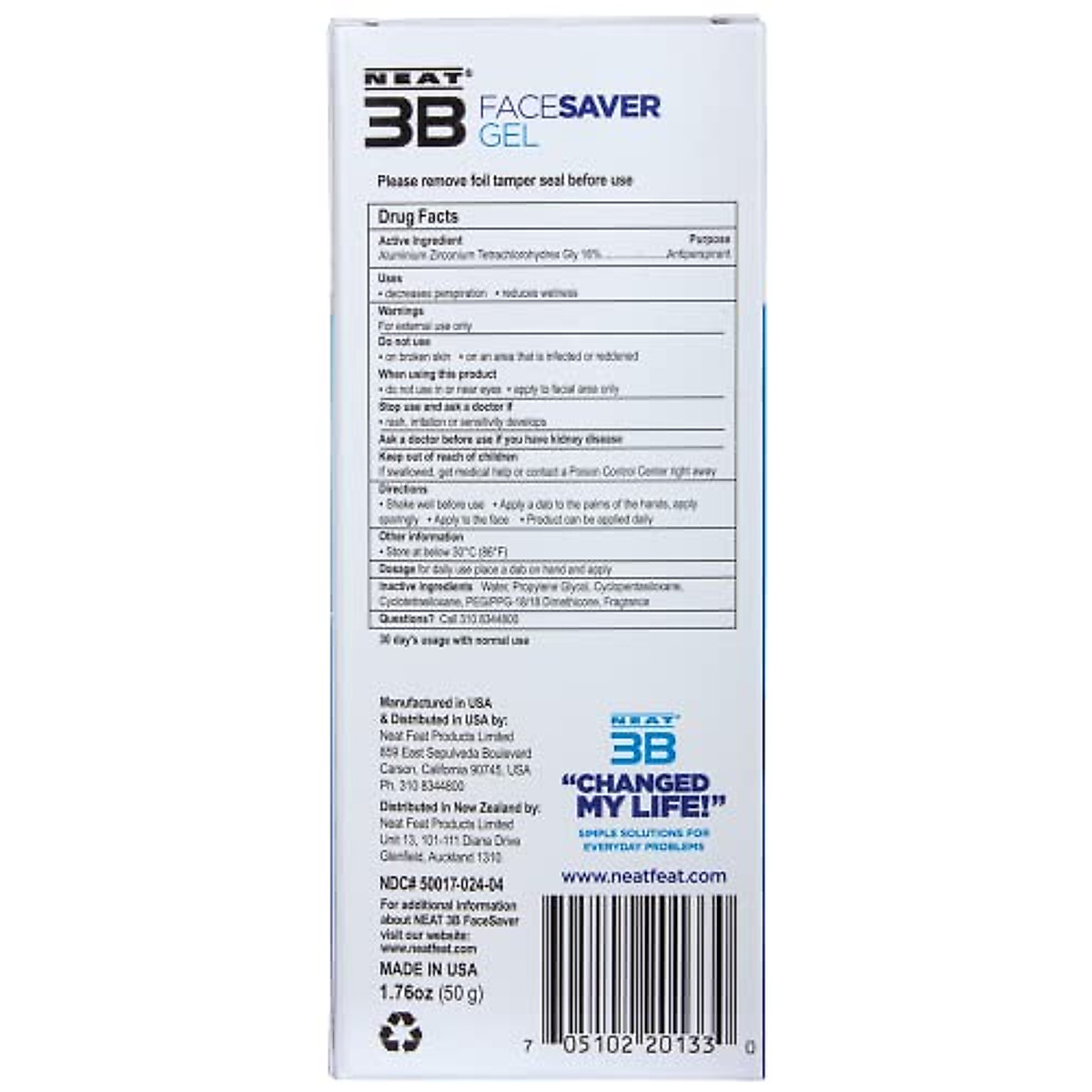 Neat Feat 3B Face Saver Antiperspirant Gel for Facial Perspiration & Shine, White and Blue, 1.76 Fl Oz