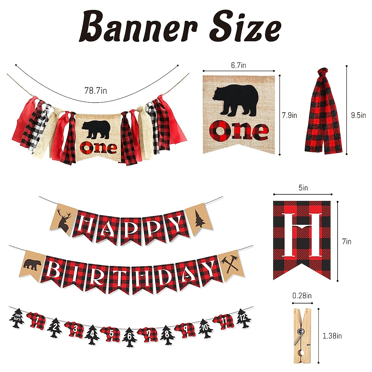 Lumberjack Baby Shower Banner Lumberjack Theme Happy 1st Birthday Garland and High Chair Banner Wild Bear Tree Monthly Photo Banners for Baby Shower Kid Birthday Hunting Party Supplies Decoration (red and black plaid)