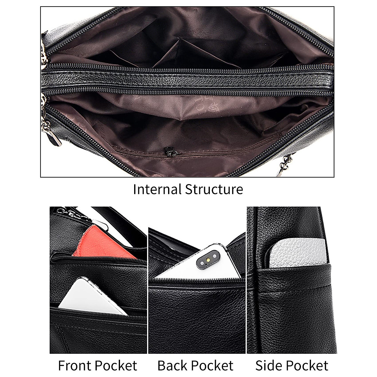 Oichy Crossbody Bags for Women Soft PU Leather Shoulder Bag Multi Pocket Purses and Handbags Lightweight Pocketbooks (Black)