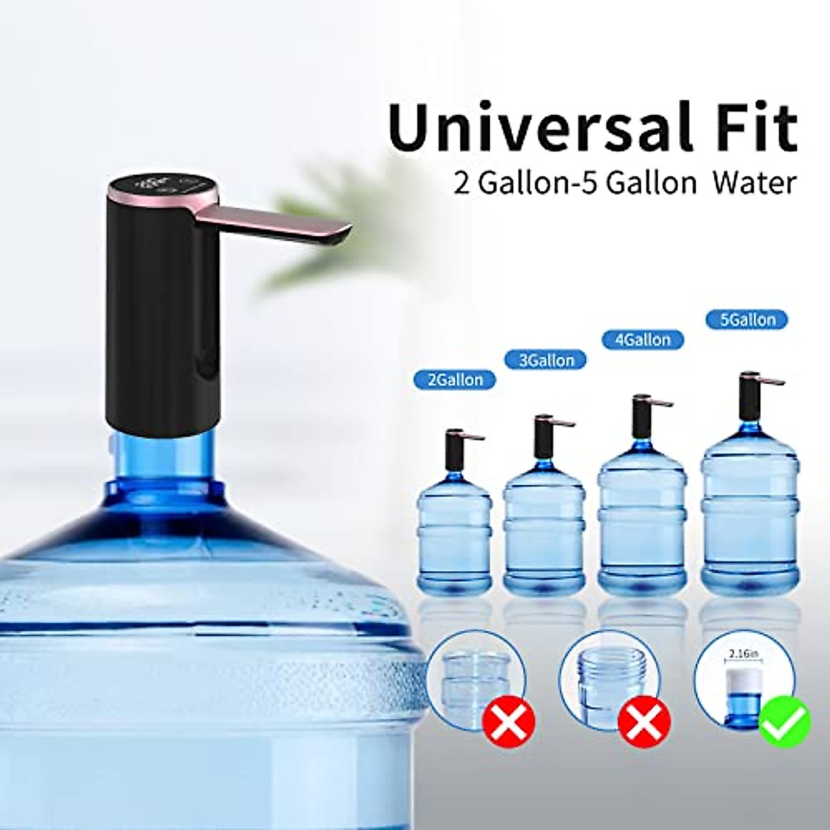 BIMVER Quantitative Water Dispenser for 5 Gallon Bottle, Upgraded LED Display Touch Button 3 Quantitative Settings Drinking Water Pump, Type C Charging Foldable Low Noise Dispenser for 2-5 Gallon Jugs