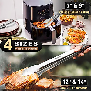 EDDEAS Tongs For Cooking - Heat Resistant 600 Degrees Metal Kitchen Tongs, Heavy Duty Stainless Steel Tongs - Perfect for Food, BBQ Set of 4, 7-9-12 &14 inch Grey