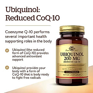 Solgar Ubiquinol 200 mg (Reduced CoQ-10), 30 Softgels - Promotes Heart & Brain Function - Supports Healthy Aging - Coenzyme Q10 - Ubiquinone Supplement - Gluten Free, Dairy Free - 30 Servings