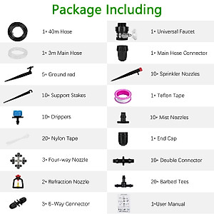 Drip Irrigation Kits, Fixget 43/141ft Garden Irrigation System with Adjustable Automatic Irrigation Set, DIY Plant Watering System for Saving Water Mist Cooling of Garden Greenhouse Patio Lawn