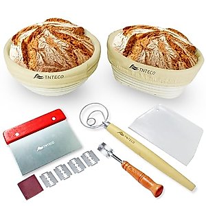 TNTECO Banneton Bread Proofing Basket Set of 2, 9 Inch Round & 10 Inch Oval Rattan Sourdough Proofing Basket with 5 Bread Lame, Scoring Lame, Scraper, Dough Whisk, Cloth Liner