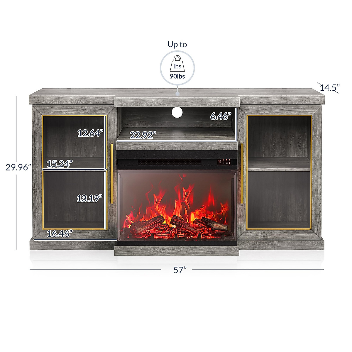 BELLEZE 57" TV Stand with 23" Electric Fireplace Heater with Sound, Entertainment Center for TVs Up to 65", Glass Door Storage Cabinet with 3-Side Glass Display Fireplace for Living Room, Bedroom-Grey