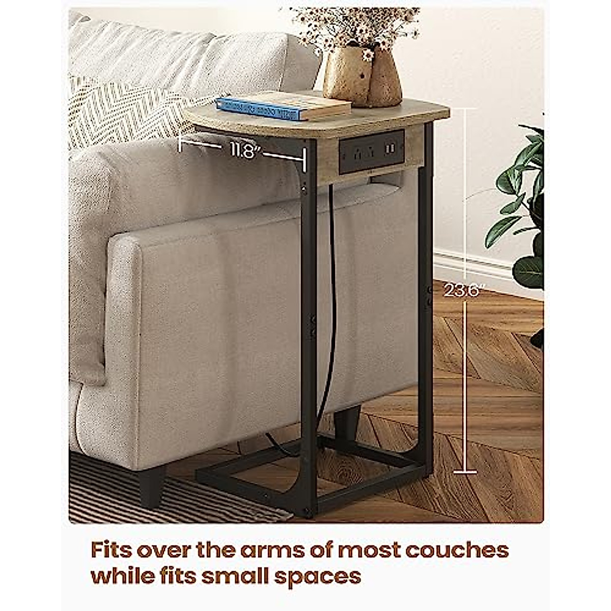 Hzuaneri C Shaped End Table with Charging Station, Bed Side Table with USB Port & Outlet, Couch Table, C Snack Table for Living Room, Bedroom, Greige and Black ET05105B