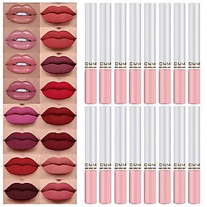 16Pcs Mini Matte Waterproof Liquid Cigarette Lipstick Set Kit, 16 Colors Litte Smoke Tube Red Matte Matt Velvet Lipstick Lip Gloss Stain Set for Women Girls Long Lasting 24 Matt Liquid Lipstick+Set