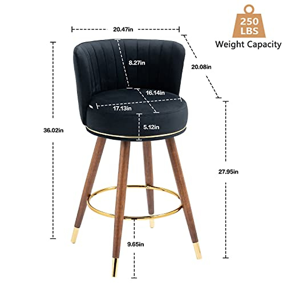 GNIXUU Bar Stools Set of 4, 360 Degree Swivel Barstools, Modern Upholstered Counter Height bar Stools with Back, 28 Inch Kitchen Island Bar Chair, Solid Wood Legs(Black)