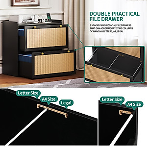 YITAHOME Rattan File Cabinet with Charging Station, Large Lateral Filing Cabinet for Home Office, Black