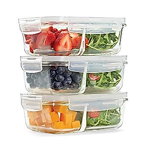Fit & Fresh, Airtight Seal, Portion Cont Divided, 3-Pack, Two Compartments, Set of 3 Locking Lids, Glass Storage, Meal Prep Containers, 3 Pack, Clear