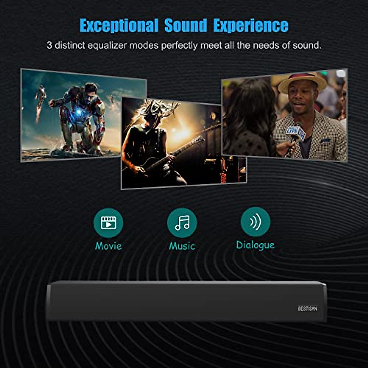 Soundbar Bestisan TV Sound Bar Wired and Wireless Bluetooth 5.0 Speaker, 80W Sound Bar Home Audio System for TV, 24-Inch, Wall Mount, Treble/Bass Adjustable, Optical/Auxiliary USB/Coaxial Cable