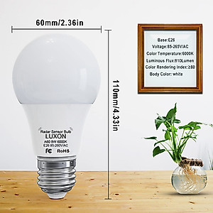 LUXON Radar Motion Sensor Light Bulbs,Dusk to Dawn LED Light Bulbs Outdoor 9W 6000K Daylight,A19 E26 Base Auto On/Off for Indoor Outdoor Basements, Porch,Courtyards, Garage Pack of 2