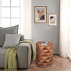 The Urban Port 23-Inch Handcrafted Drum Side Accent Table with a Multifaceted Diamond Cut Design, Natural Brown Acacia Wood
