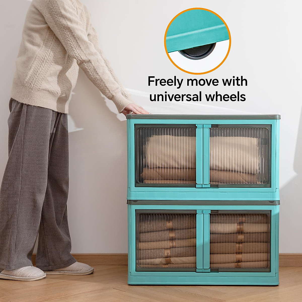 Homeforce Collapsible Storage Bins 3 Tier 23 Gal Each- Plastic Stackable Storage Bins with Lids and Wheels, 261 Quart/ 69 Gal Large Foldable Organization and Storage Box for Home and Office, Blue