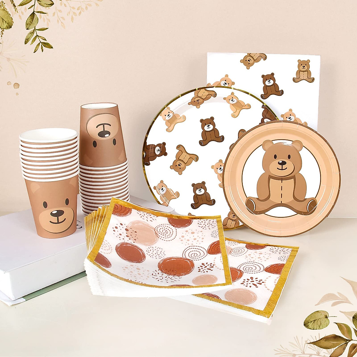 Brown Teddy Bear Baby Shower Plates - Teddy Bear Paper Plates,Disposable Cups,Napkin with Firework Pattern in Golden Border for 24 Teddy Bear Theme Party Supplies ,Baby Shower Wedding Birthday Party