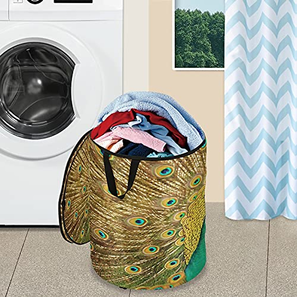 xigua Large Pop-Up Laundry Basket with Zipper Lid, Round Collapsible Storage Basket,Dirty Clothes Hamper for Bedroom, Beautiful Peacock