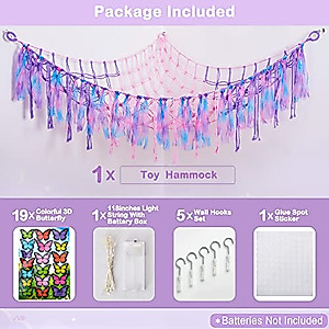 Beinou Stuffed Animals Net or Hammock with Butterfly Stuffed Animals Storage Holder with LED Light Toy Storage for Stuffed Animals for Girls Bedroom Decor