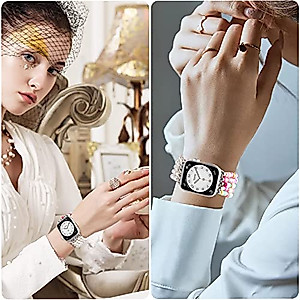V-MORO Beaded Bracelet Compatible with Apple Watch Bands Series 7/6 45mm 44mm 42mm Women, Peal Silicone Sheet Fashion Handmade Elastic Stretch Strap for iWatch Series SE/5/4/3/2/1