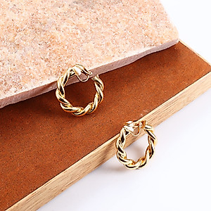 FASACCO Gold Clip On Hoop Earrings for Women Fashion Clip on Earrings Twist Round Geometric Chunky Hoop Clip Earrings No Piercing Fake Earrings, Gold