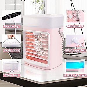 U-QE Portable Air Conditioner Fan, 3 Speed Timed Evaporative Air Cooler, Personal Air Conditioner with 7 LED Light, 2200mAH USB Rechargeable, Portable Evaporative Cooler for Room Home Office Camping