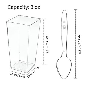 Zezzxu 50Pack 3oz Clear Plastic Dessert Cups with Spoons Mini Square Tall Tumbler Sample Cups for Serving Party Desserts, Appetizers, Fruit Parfait, Mousse, Pudding