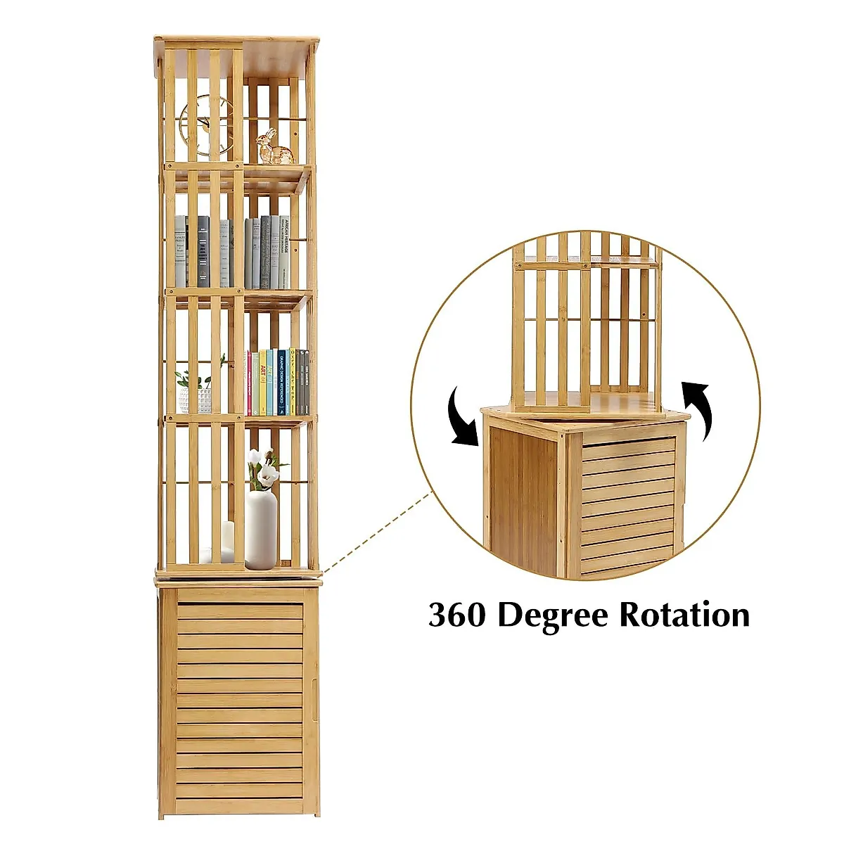 SHOUMANUAL Bamboo Rotating Bookshelf, 6-Tier Bookcase with Storage Cabinet & Doors, 360° Revolving Narrow Storage Display Rack Standing Shelves for Living Room Study Room Office, Natural