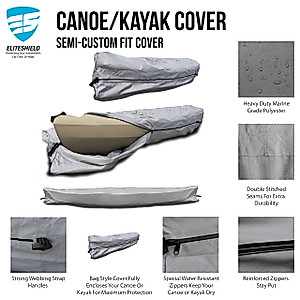 EliteShield Canoe Cover Kayak Cover; Waterproof UV Resistant Marine Grade Polyester Canoe Kayak Boat Storage Cover fits 15 ft-16 ft Long, 116 Inches Girth Gray Color